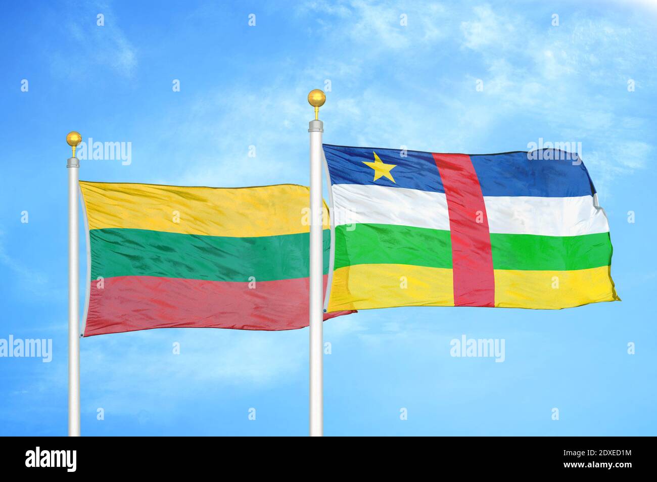 Lithuania and Central African Republic two flags on flagpoles and blue ...