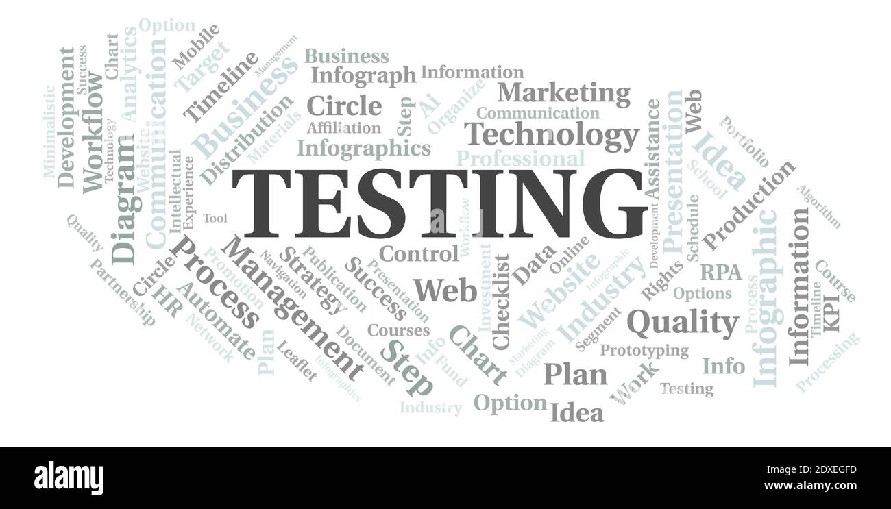 Testing typography word cloud create with text only Stock Photo - Alamy