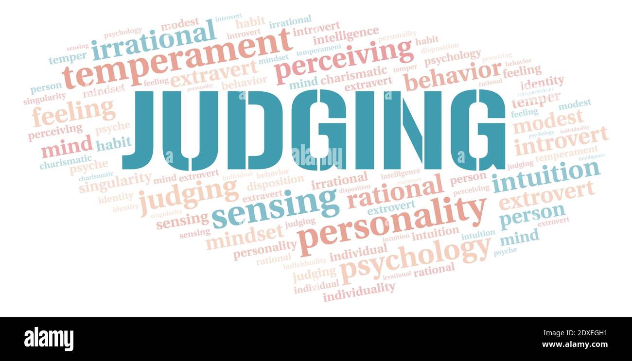 Judging typography word cloud create with text only Stock Photo - Alamy