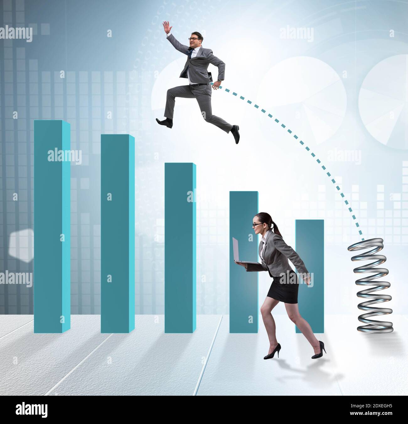 The business people jumping over bar charts Stock Photo - Alamy