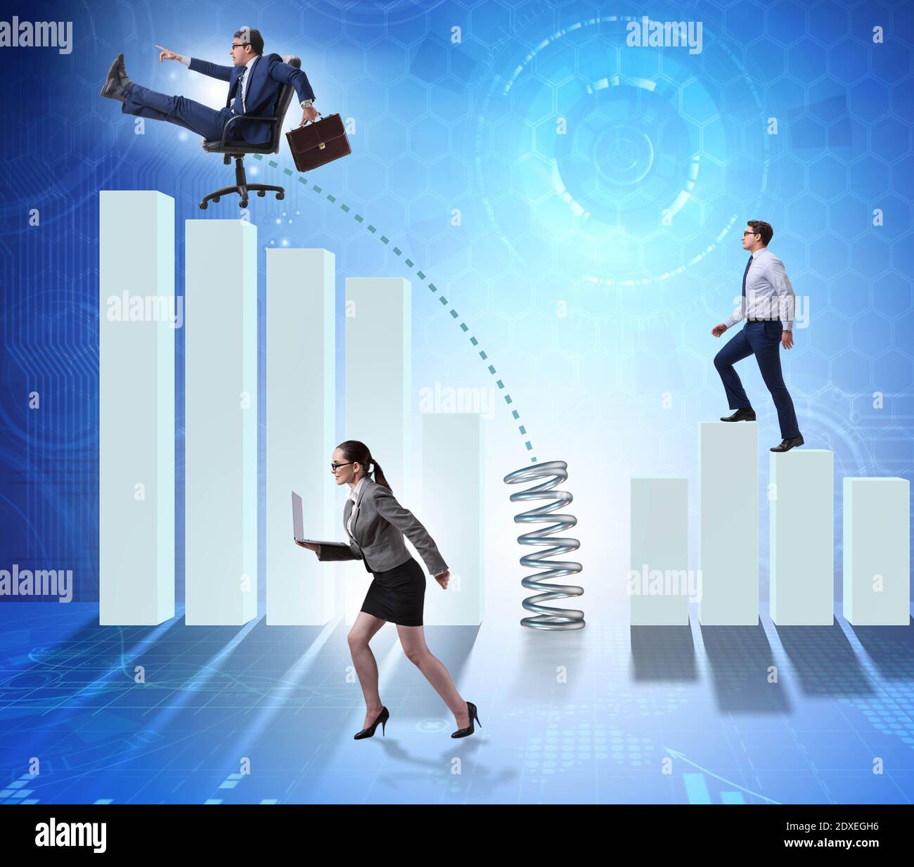 The business people jumping over bar charts Stock Photo - Alamy