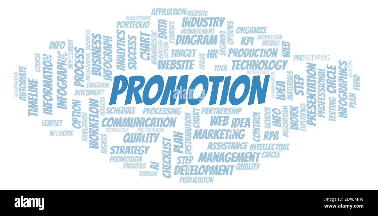 Promotion typography word cloud create with text only Stock Photo - Alamy