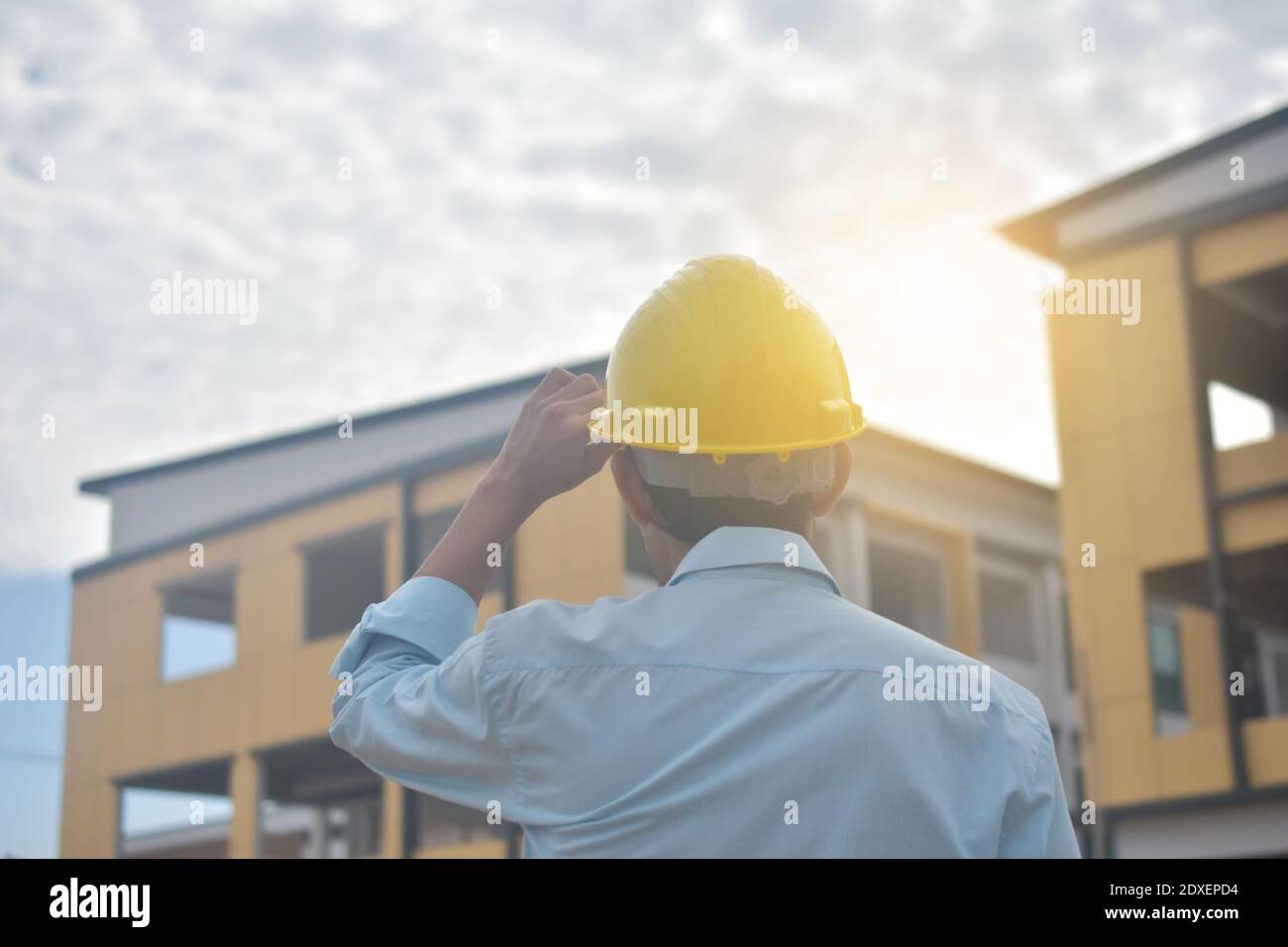 Engineer standing worker building estate construction background Stock ...