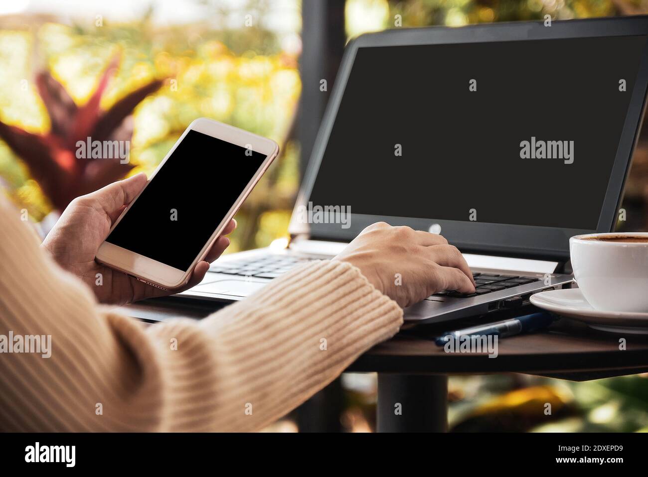 People holding mobile smart phone looking on screen and working ...
