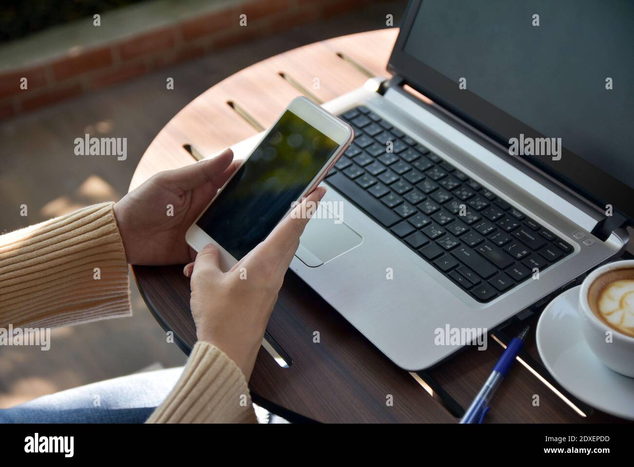 People holding mobile smart phone looking on screen and working ...