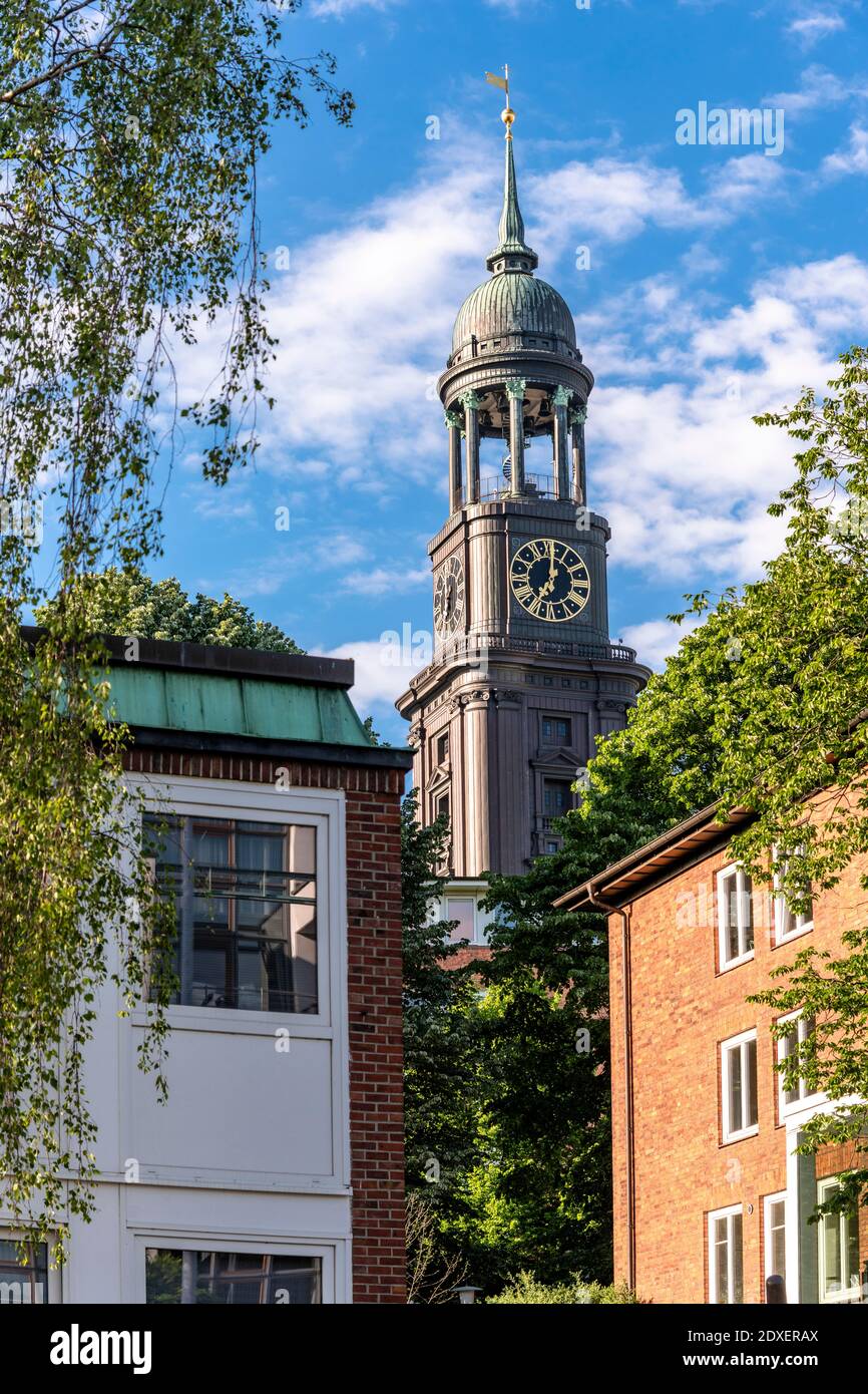 Germany, Hamburg, Bell tower of historic Saint Michaels Church Stock ...