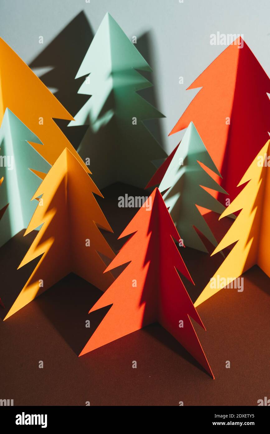Studio shot of simple paper craft forest trees in autumn colors Stock ...
