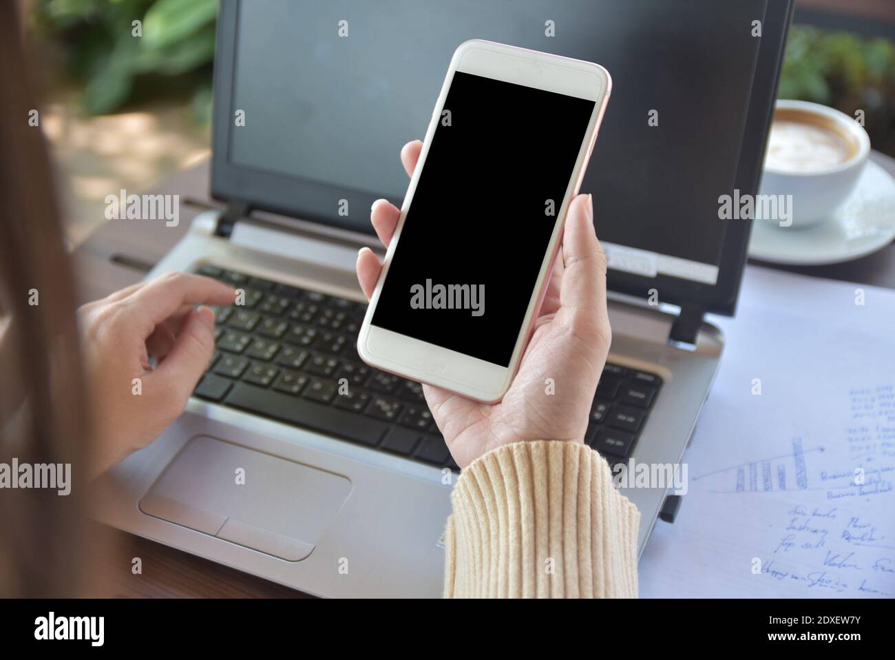 People holding mobile smart phone looking on screen and working ...