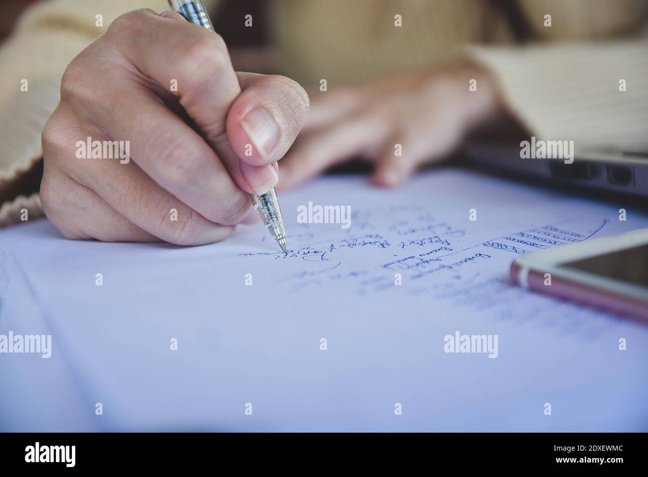 Close up hand sign document write on paper sign contract business work ...