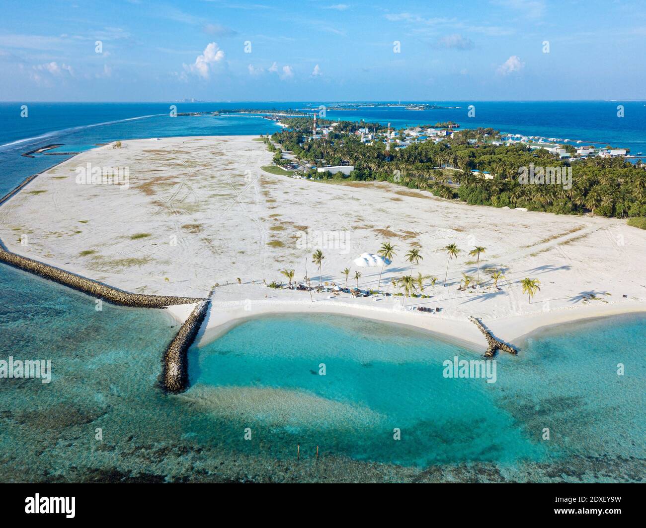 Maldives, Kaafu Atoll, Aerial view of sandy beach of Huraa island Stock ...