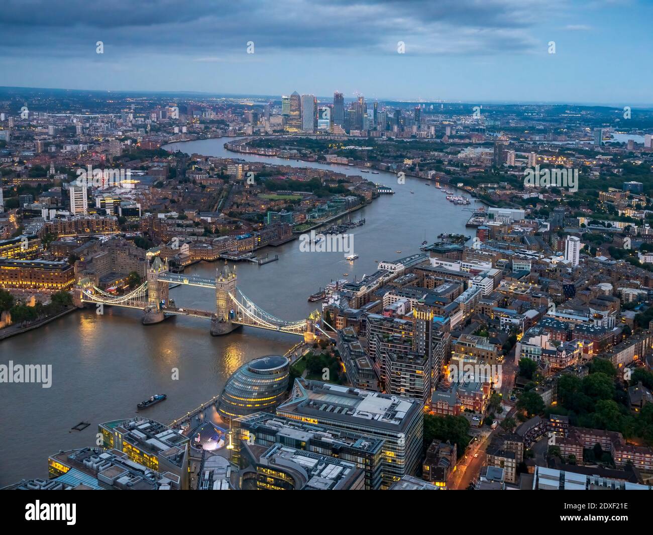 UK, England, London, Helicopter view of River Thames, Tower Bridge and ...