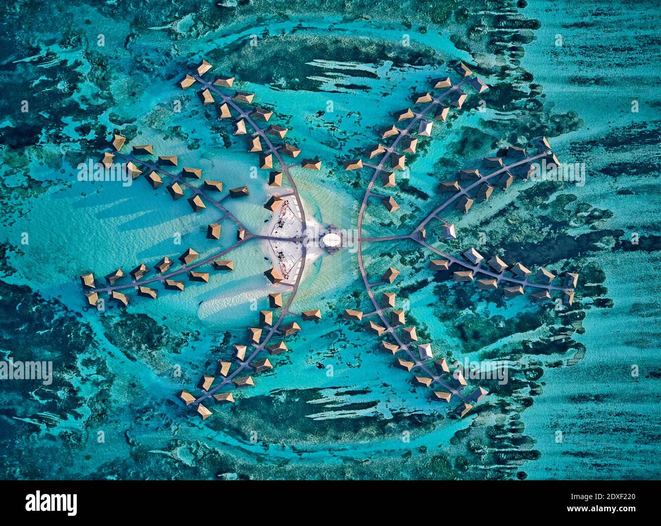 Maldives, Kaafu Atoll, Aerial view of tropical tourist resort on Huraa ...