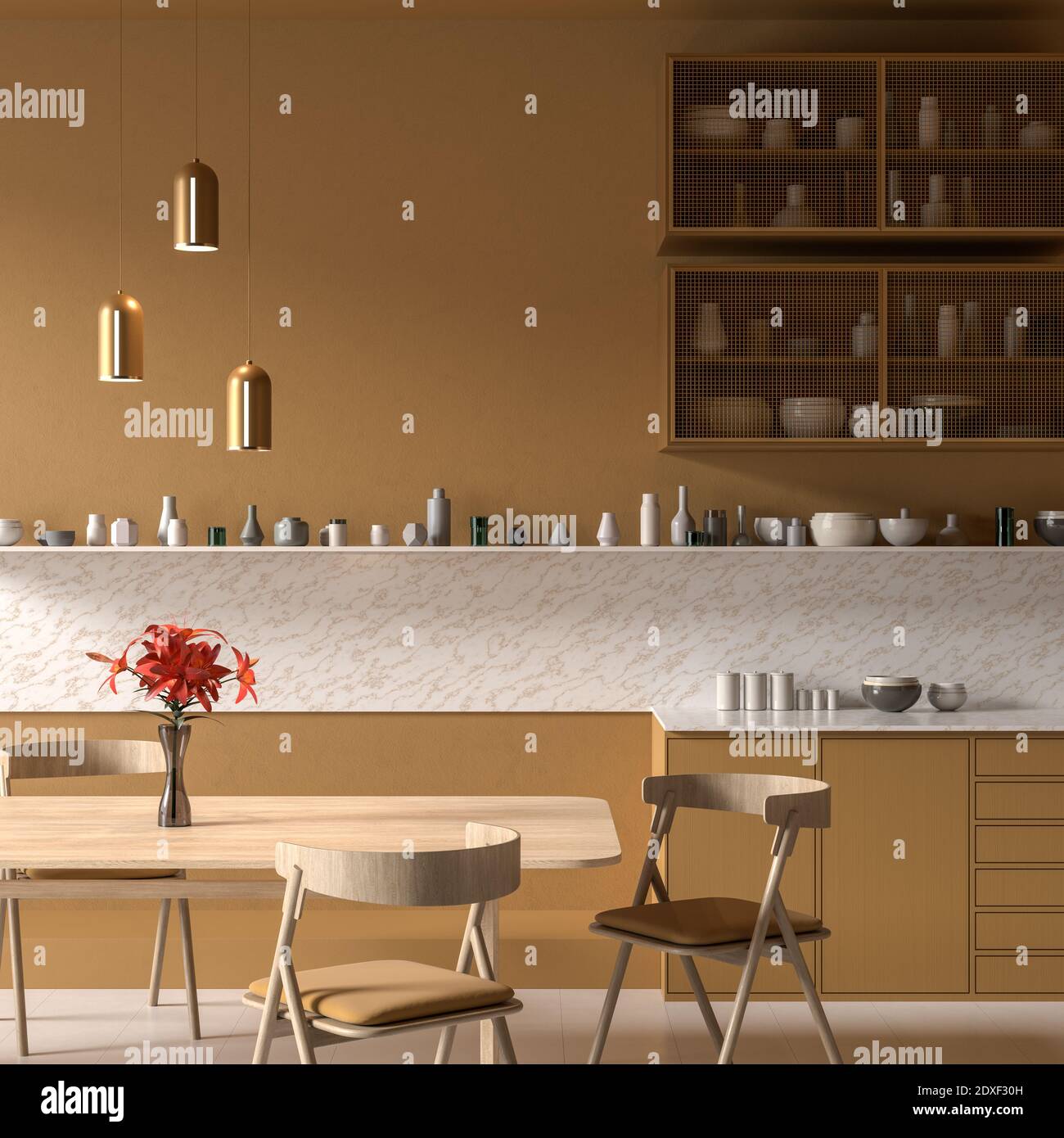 Modern spacious kitchen design with wooden dining table and chairs ...