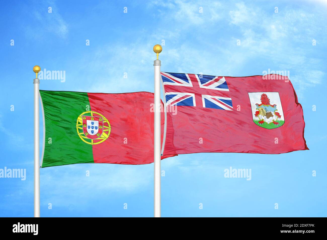 Portugal and Bermuda two flags on flagpoles and blue sky Stock Photo ...