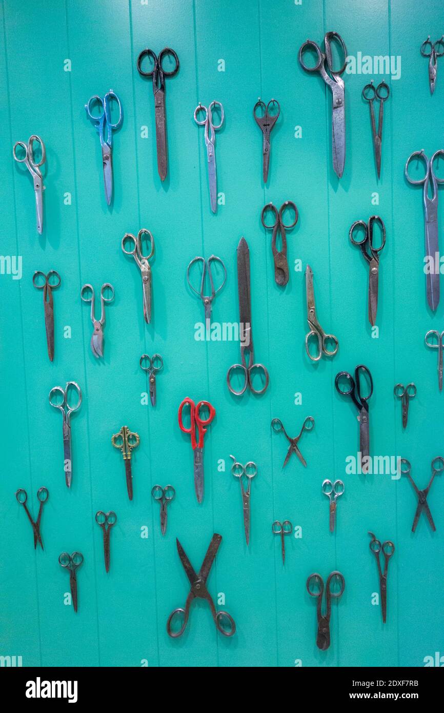 A selection scissors hanging on a wall Stock Photo - Alamy