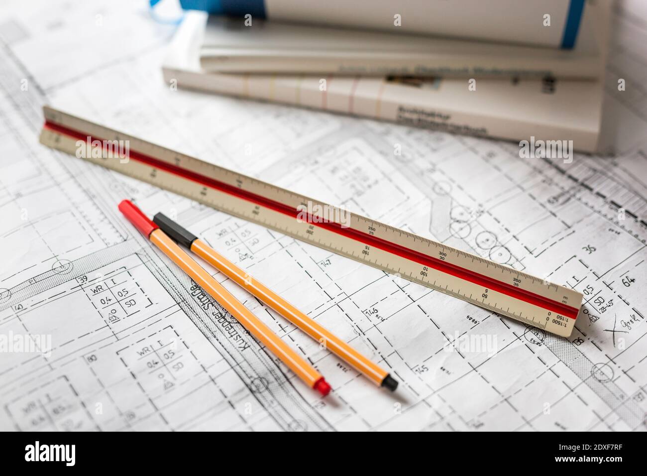 Pen and ruler on blueprint Stock Photo - Alamy