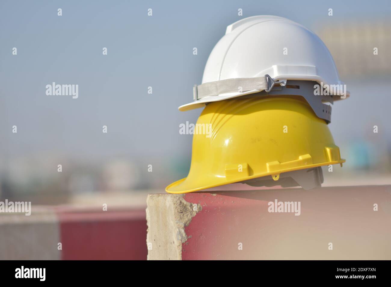 Helmet hard safety is on barrier road construction building worker ...