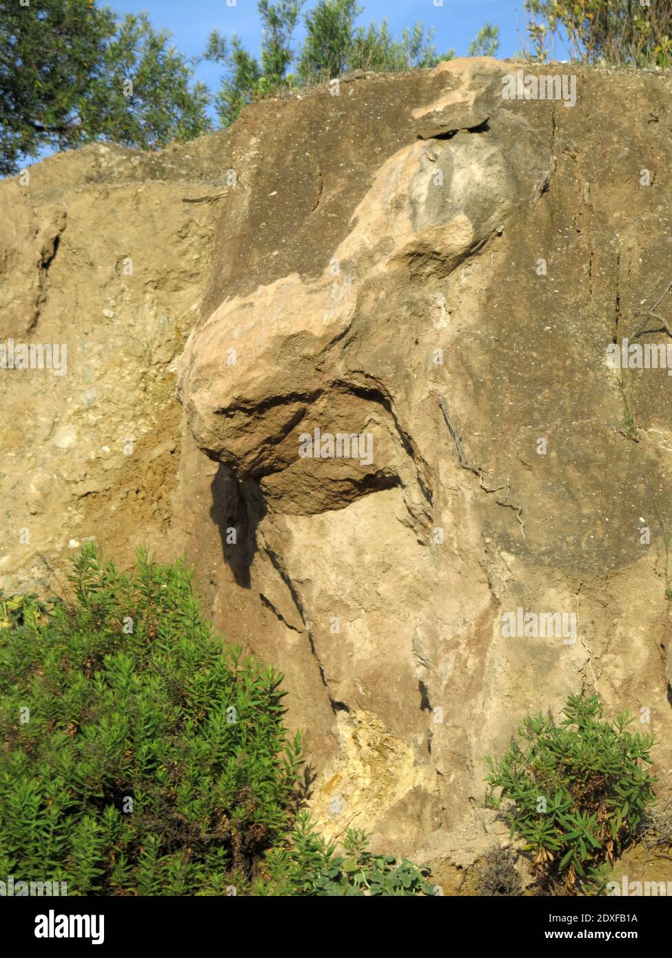 Rock face with big nose on roadside embankment near Andalusian Village ...