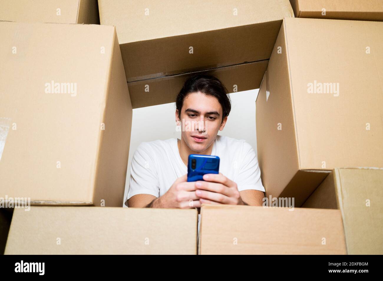 Man using mobile phone while leaning on cardboard boxes Stock Photo - Alamy