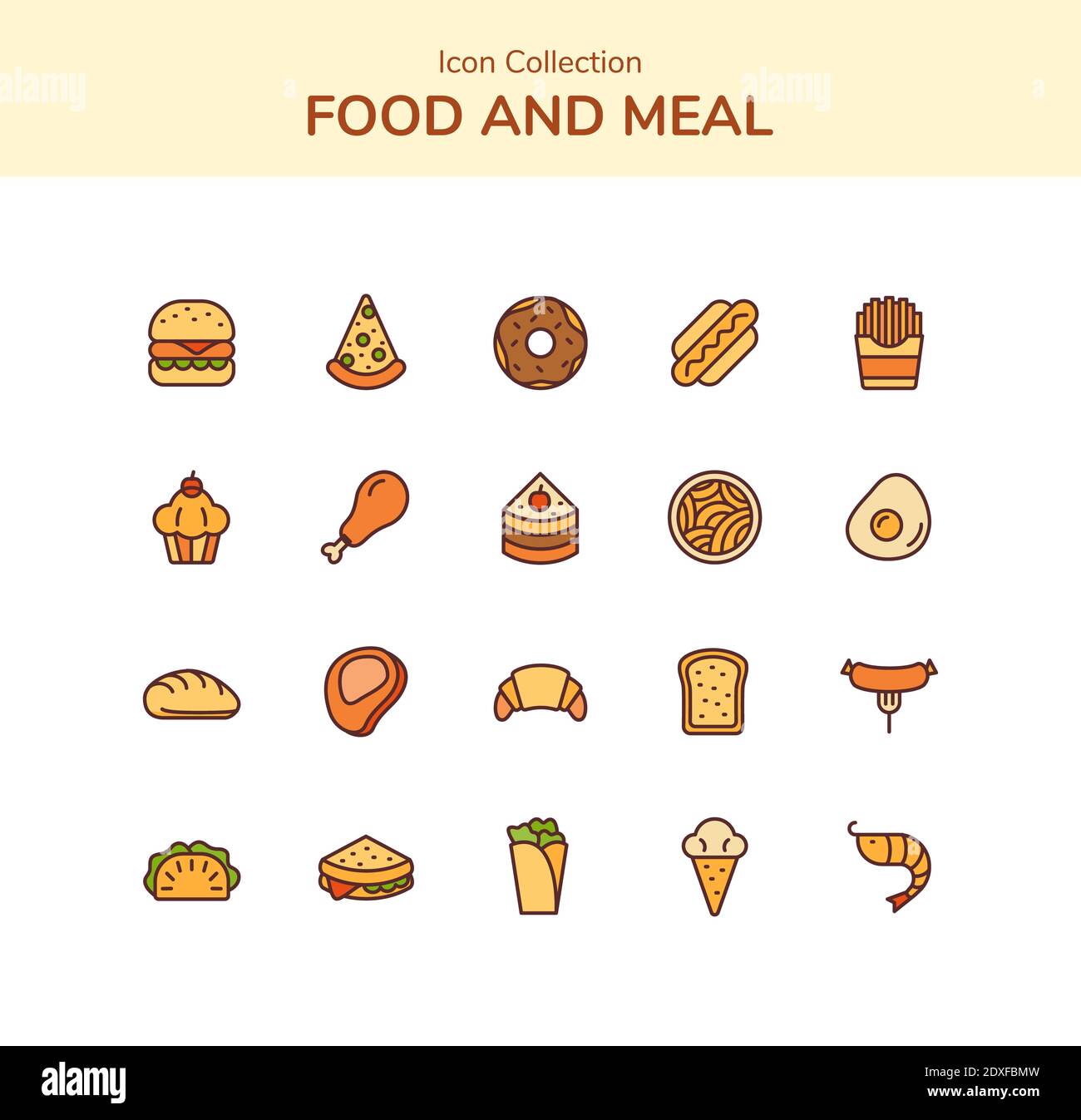 food and meal icon set collection package burger pizza donuts hotdog ...