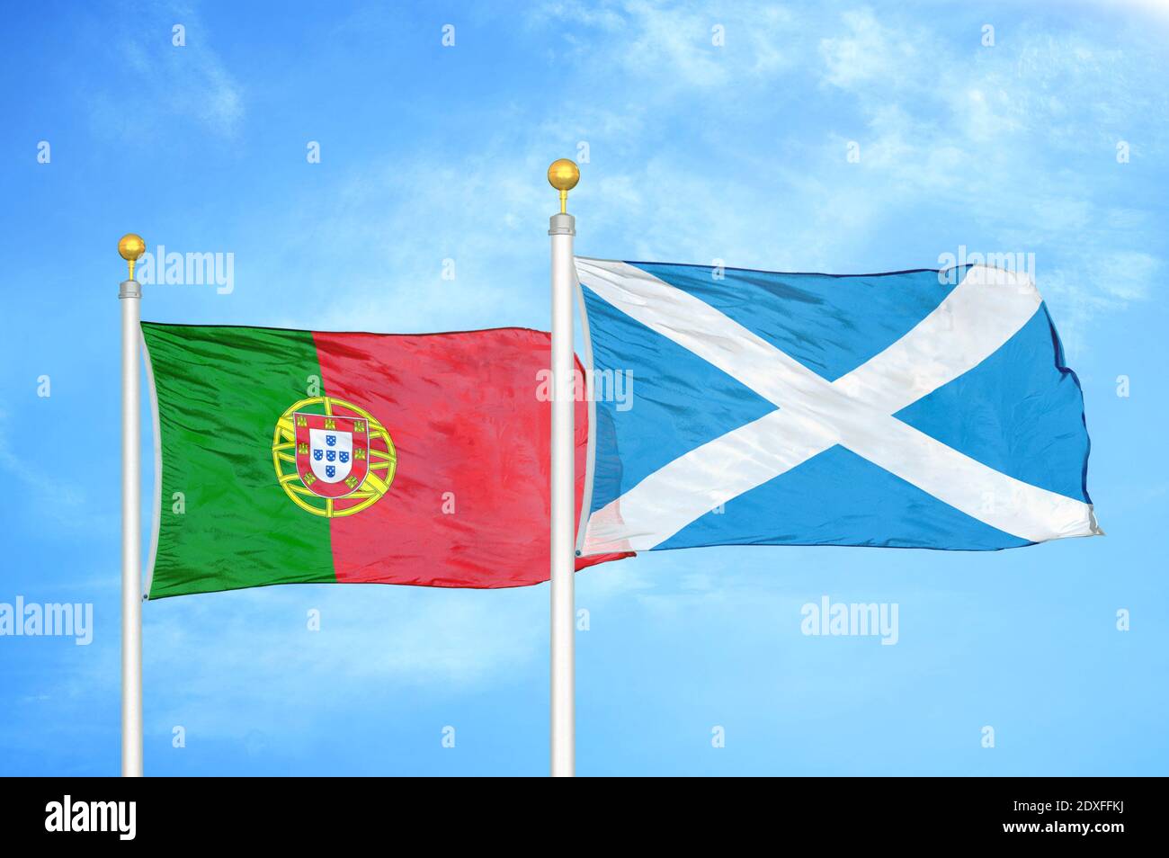 Portugal and Scotland two flags on flagpoles and blue sky Stock Photo ...