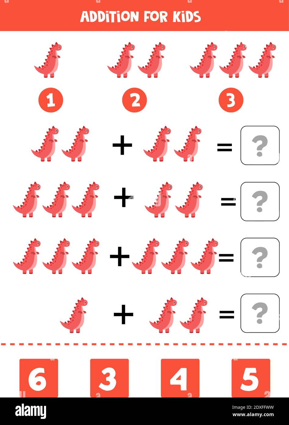 Addition game with cute red dinosaur tyrannosaur. Math game for kids ...