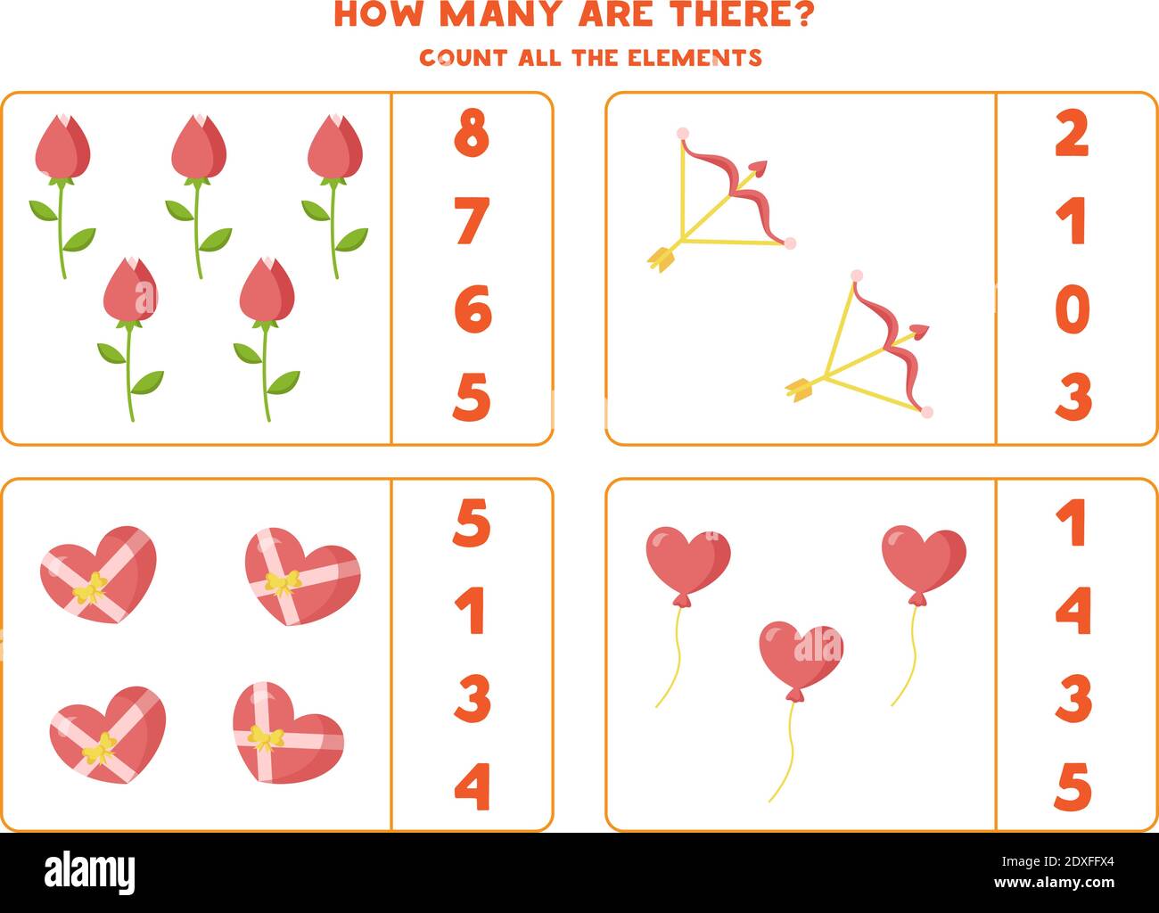 Count all Valentine objects. Math game for kids. Counting worksheet for ...