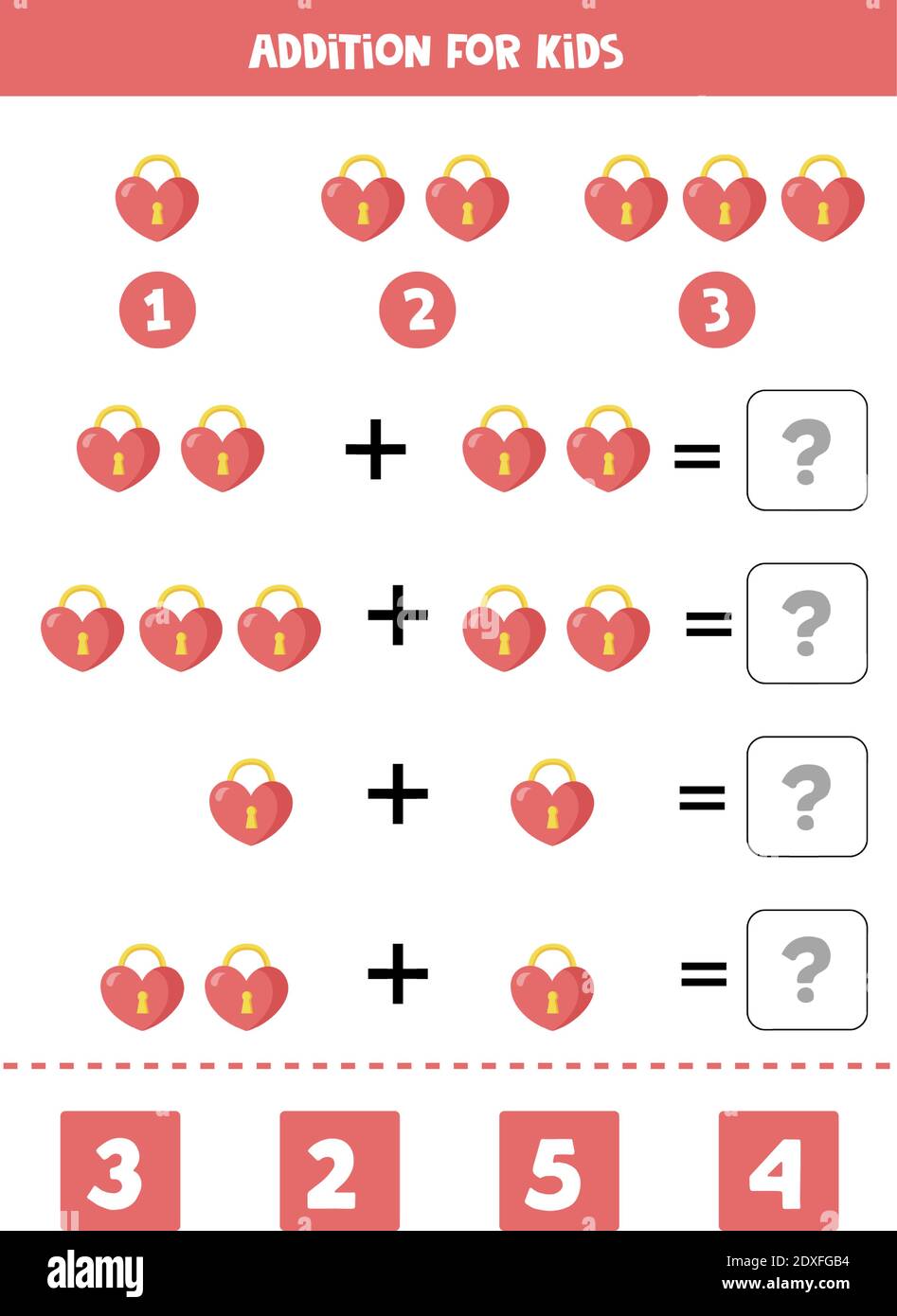 Addition with cute valentine lock in shape of heart. Educational math ...
