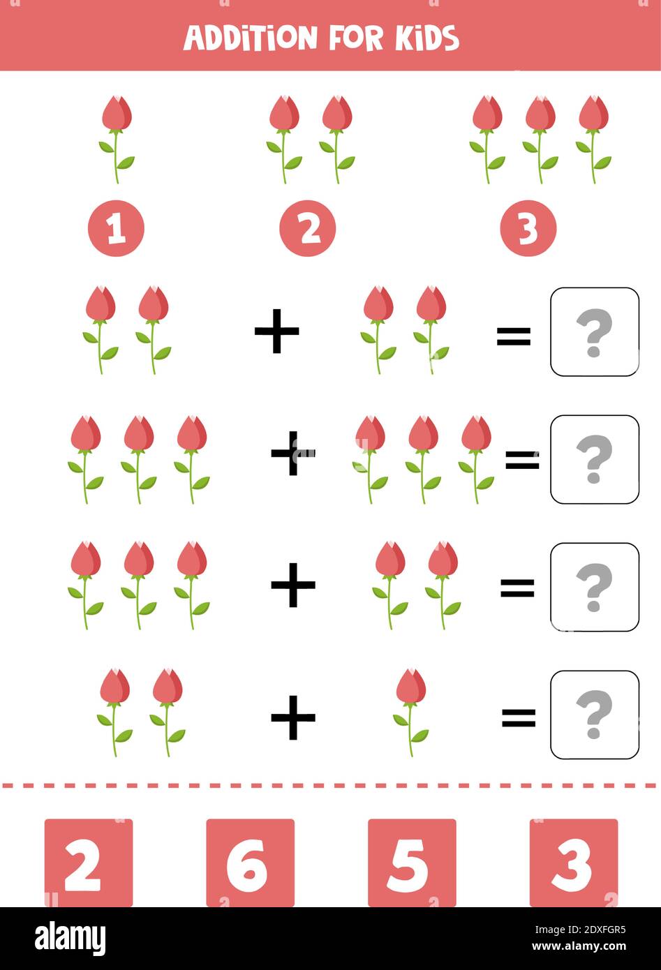 Addition with cute cartoon rose flower. Educational math game for kids ...