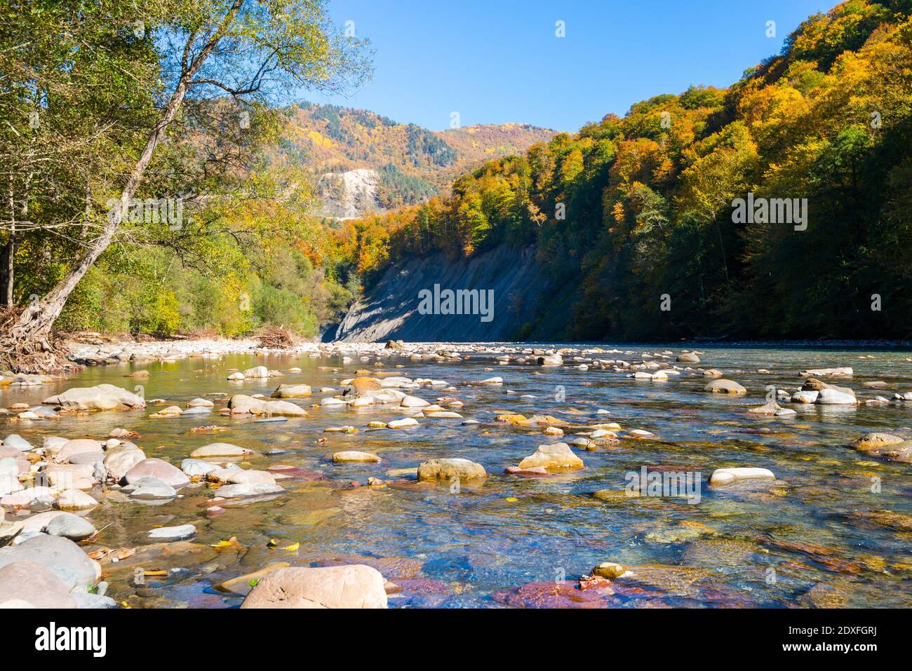 Landscape with a Belaya river flowing through canyon in Adygea Stock ...