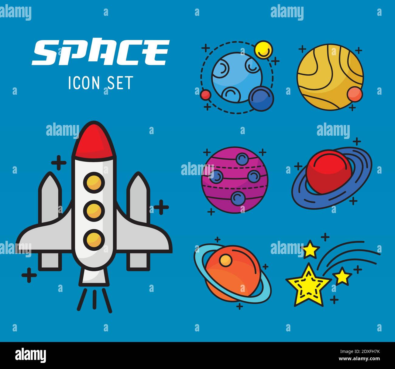 bundle of seven space set line and fill style icons and lettering Stock ...