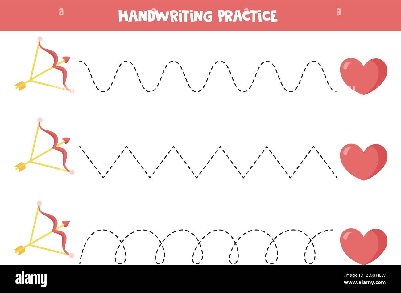 Tracing lines with cartoon bow and heart. Handwriting practice for kids ...