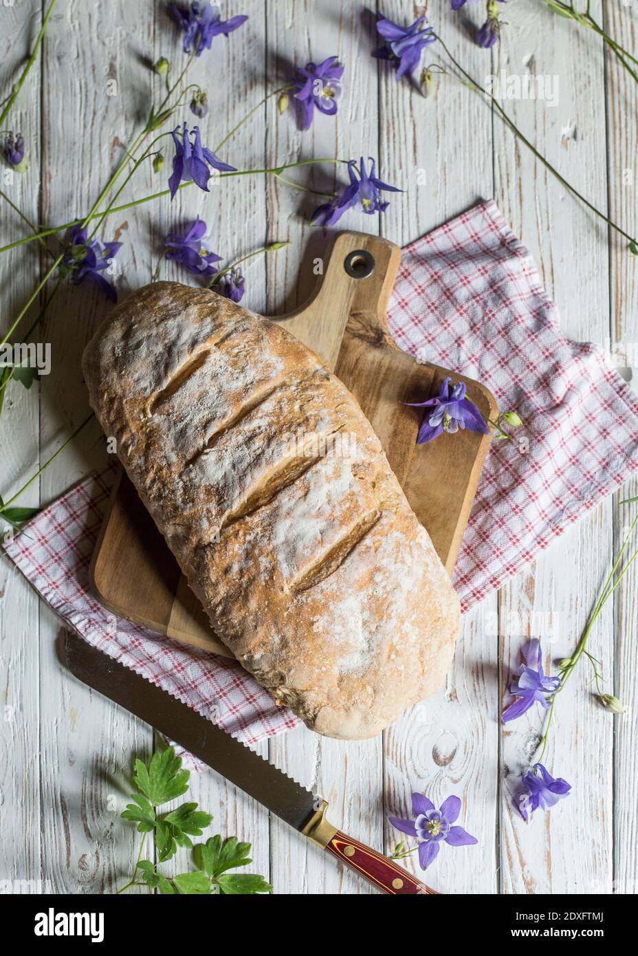 freshly baked bread bar forming a composition in zenithal view with ...