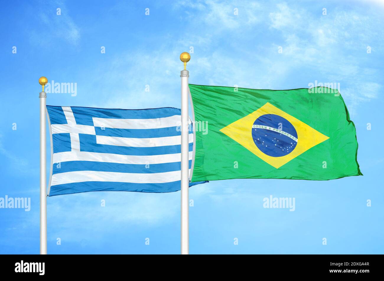 Greece and Brazil two flags on flagpoles and blue sky Stock Photo - Alamy