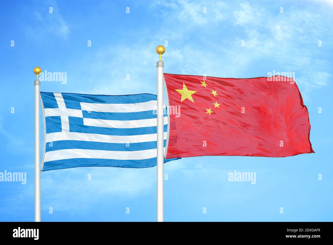 Greece and China two flags on flagpoles and blue sky Stock Photo - Alamy
