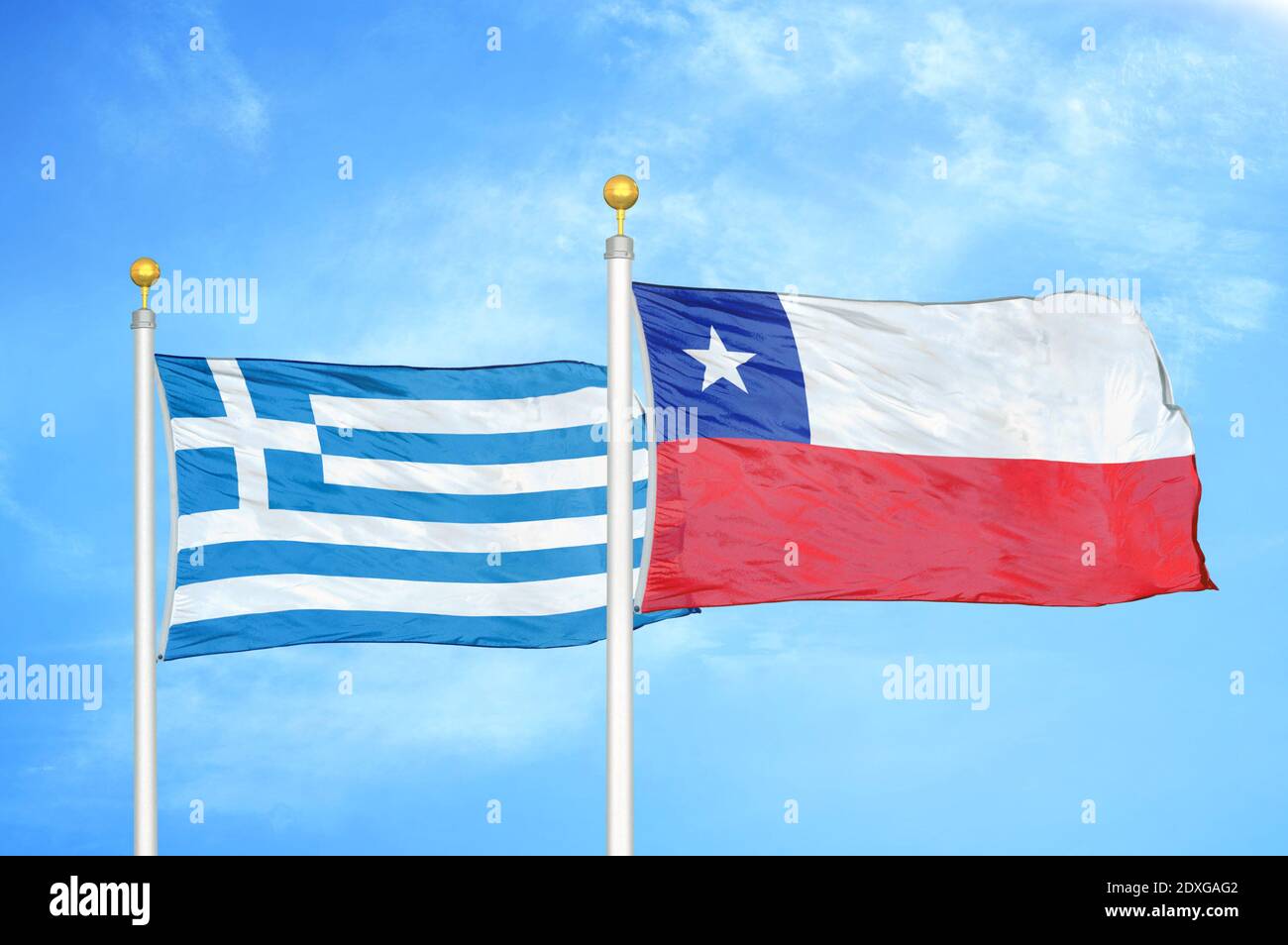 Greece and Chile two flags on flagpoles and blue sky Stock Photo - Alamy