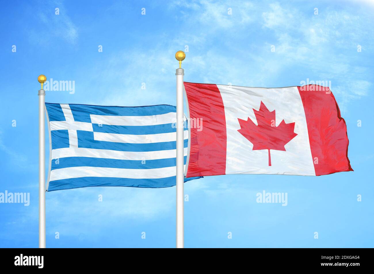 Greece and Canada two flags on flagpoles and blue sky Stock Photo - Alamy