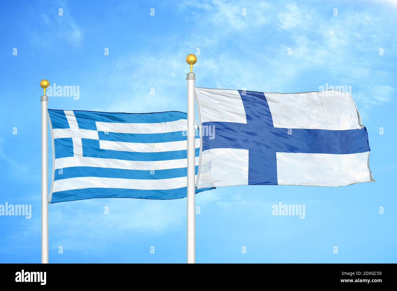 Greece and Finland two flags on flagpoles and blue sky Stock Photo - Alamy