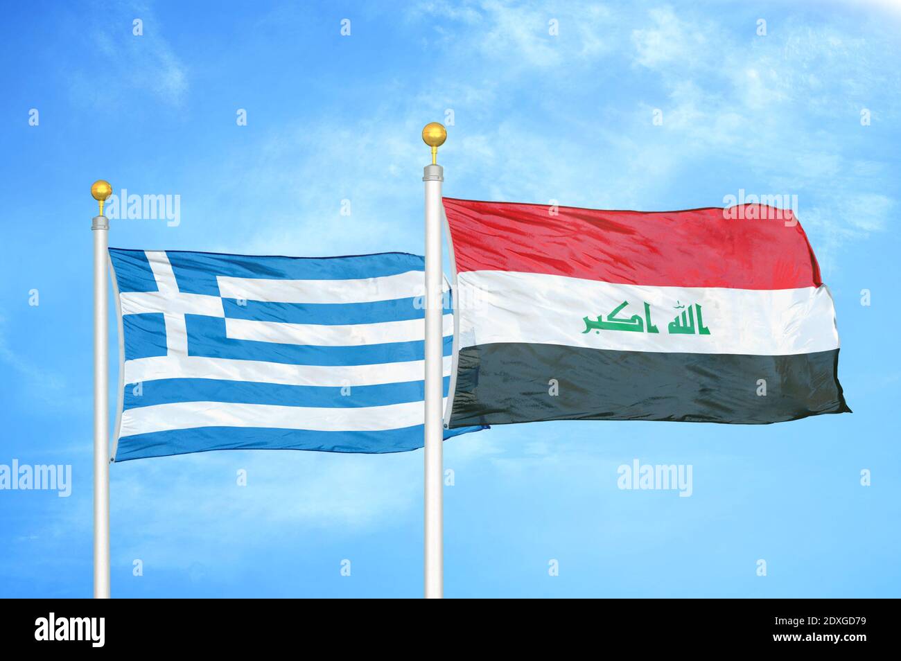 Greece and Iraq two flags on flagpoles and blue sky Stock Photo - Alamy