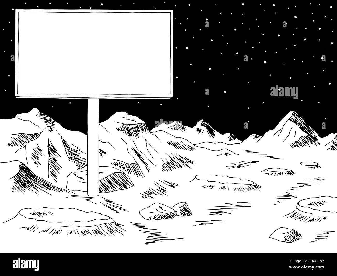 Alien planet billboard graphic black white space landscape sketch ...