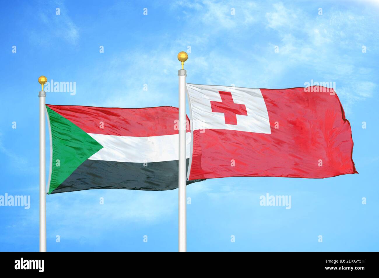 Sudan and Tonga two flags on flagpoles and blue sky Stock Photo - Alamy