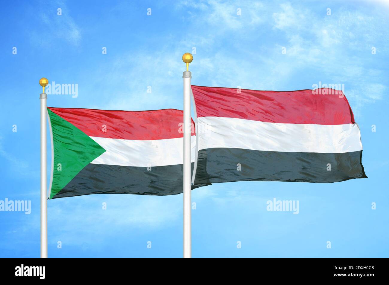 Sudan and Yemen two flags on flagpoles and blue sky Stock Photo - Alamy