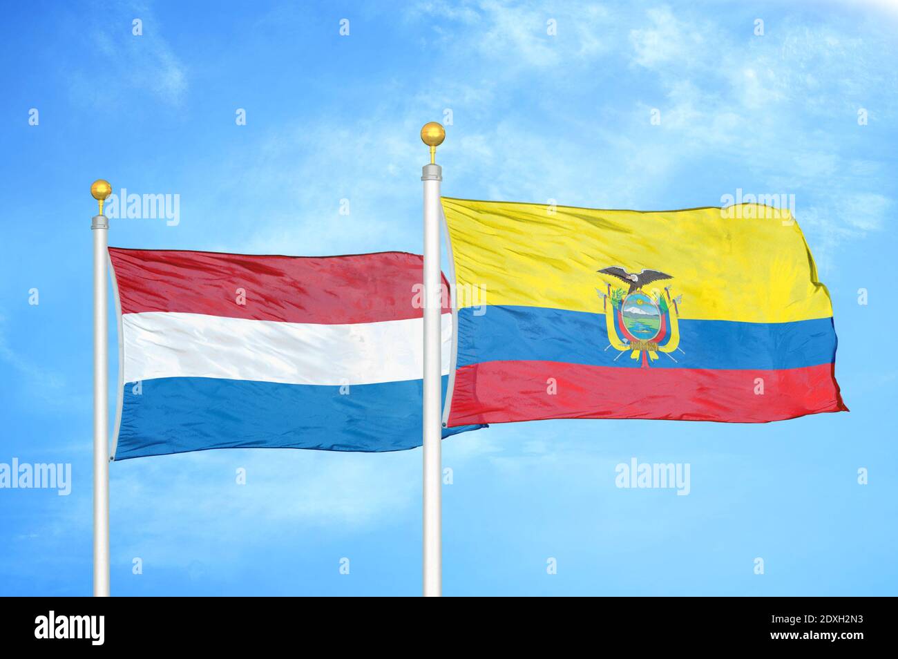 Netherlands and Ecuador two flags on flagpoles and blue sky Stock Photo ...