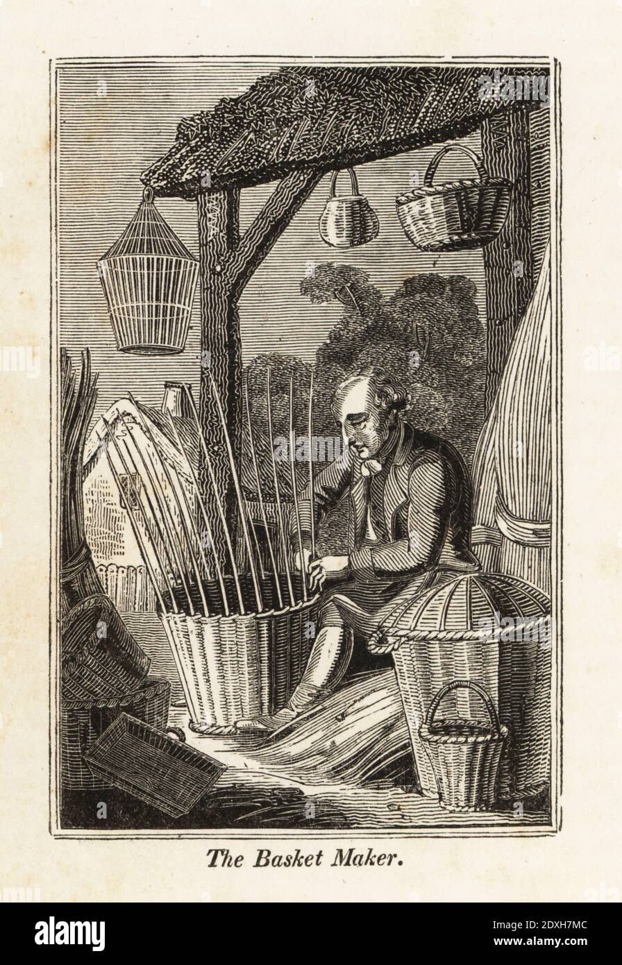 Basket maker weaving a basket from willow taken from an osier-bed. He ...