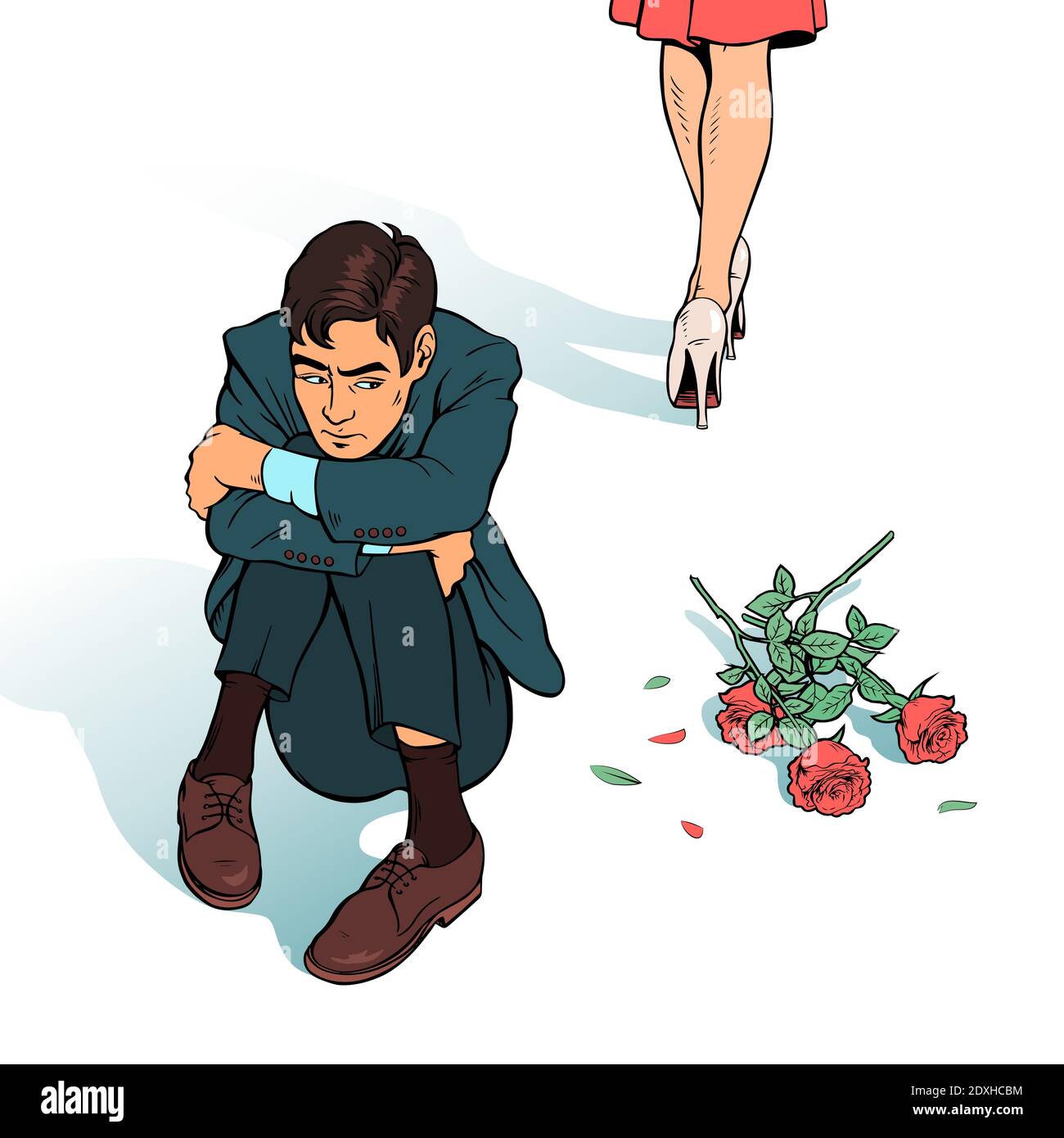 The girl refused to love the young man. Sad man sits on the floor with ...