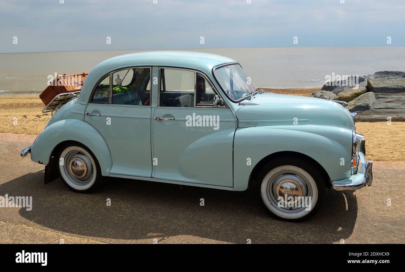 Classic Light Blue Morris Minor parked on seafront Stock Photo - Alamy