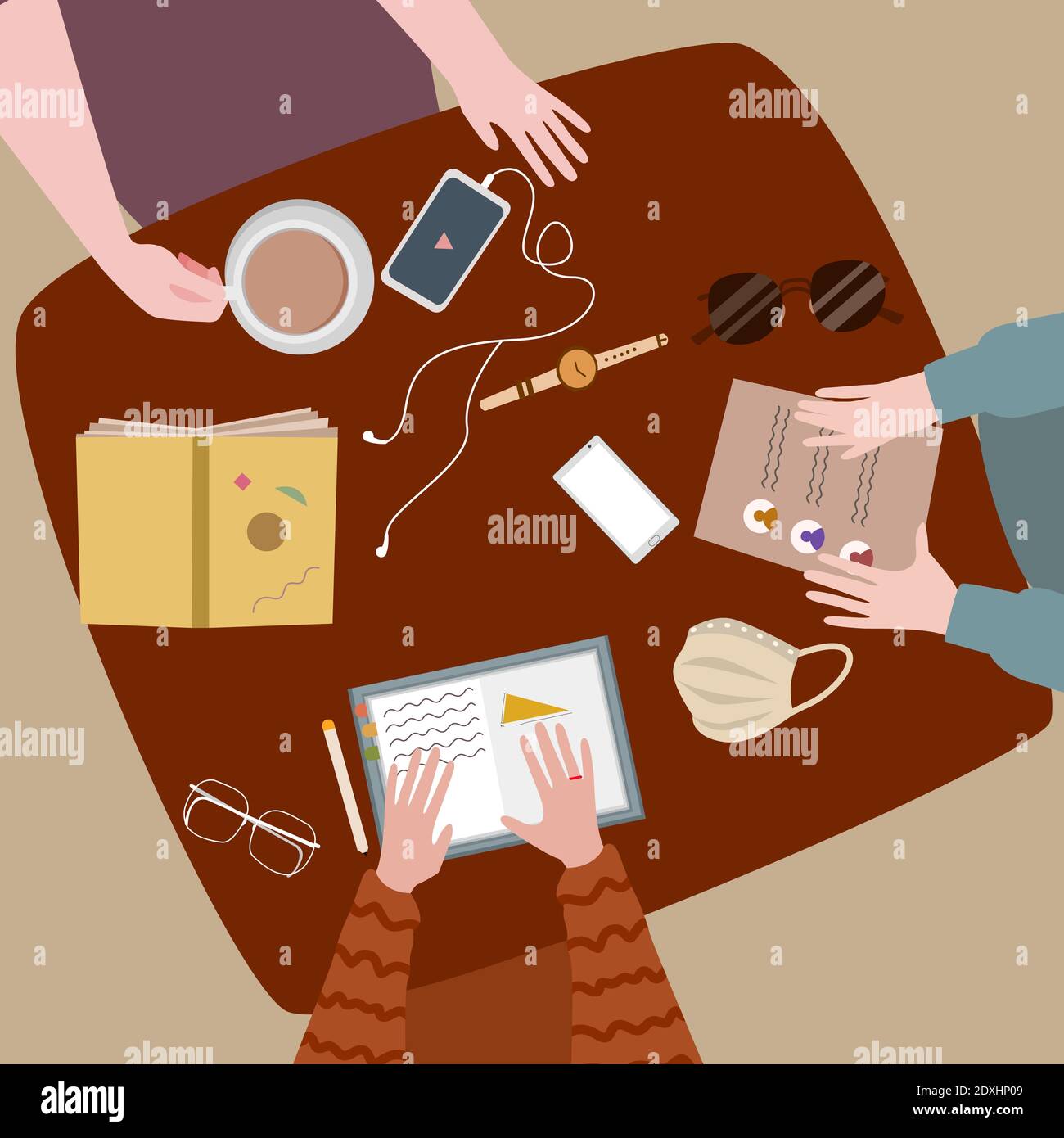 group student study reading book together on table top view with flat ...