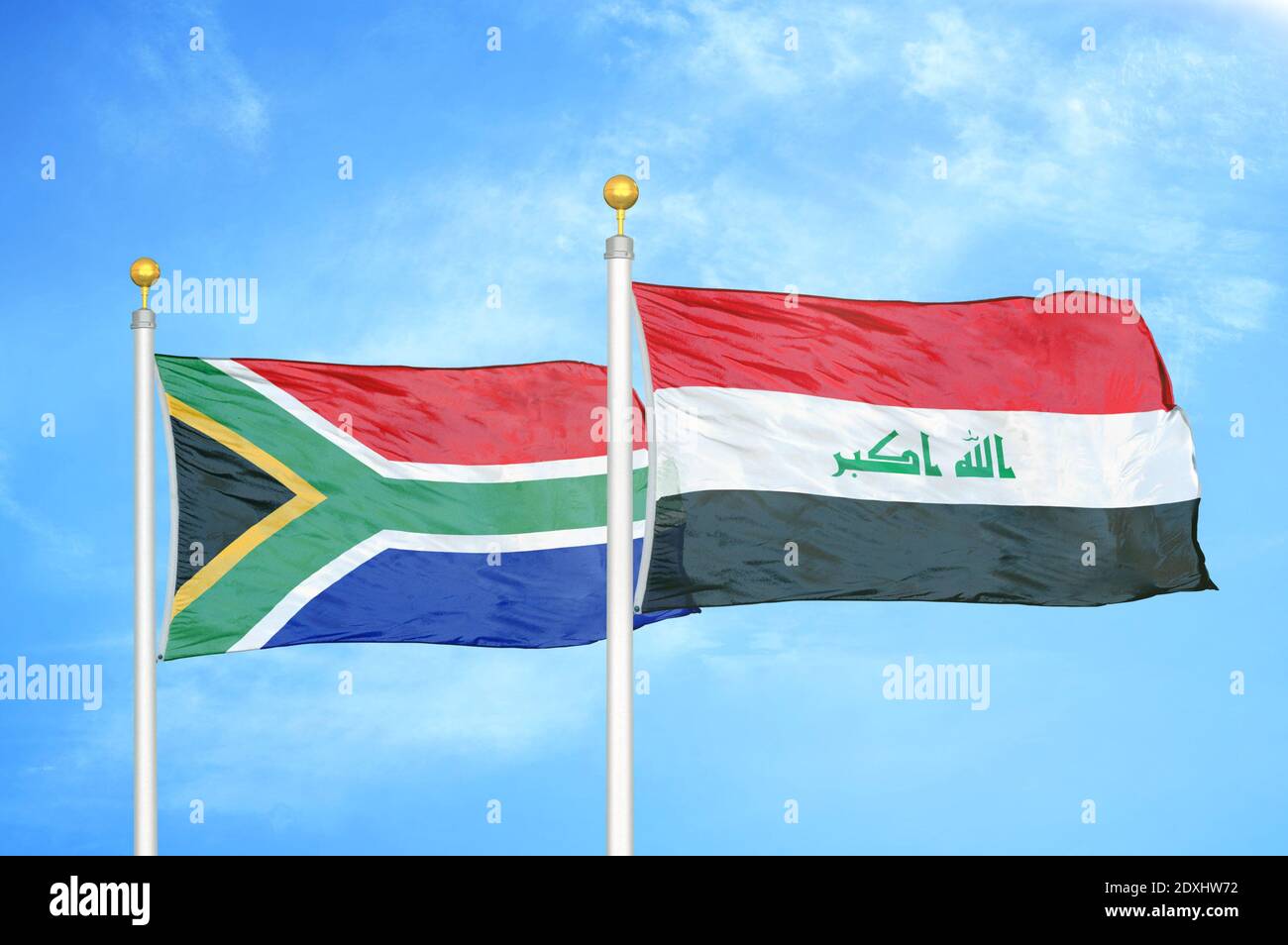 South Africa and Iraq two flags on flagpoles and blue sky Stock Photo ...