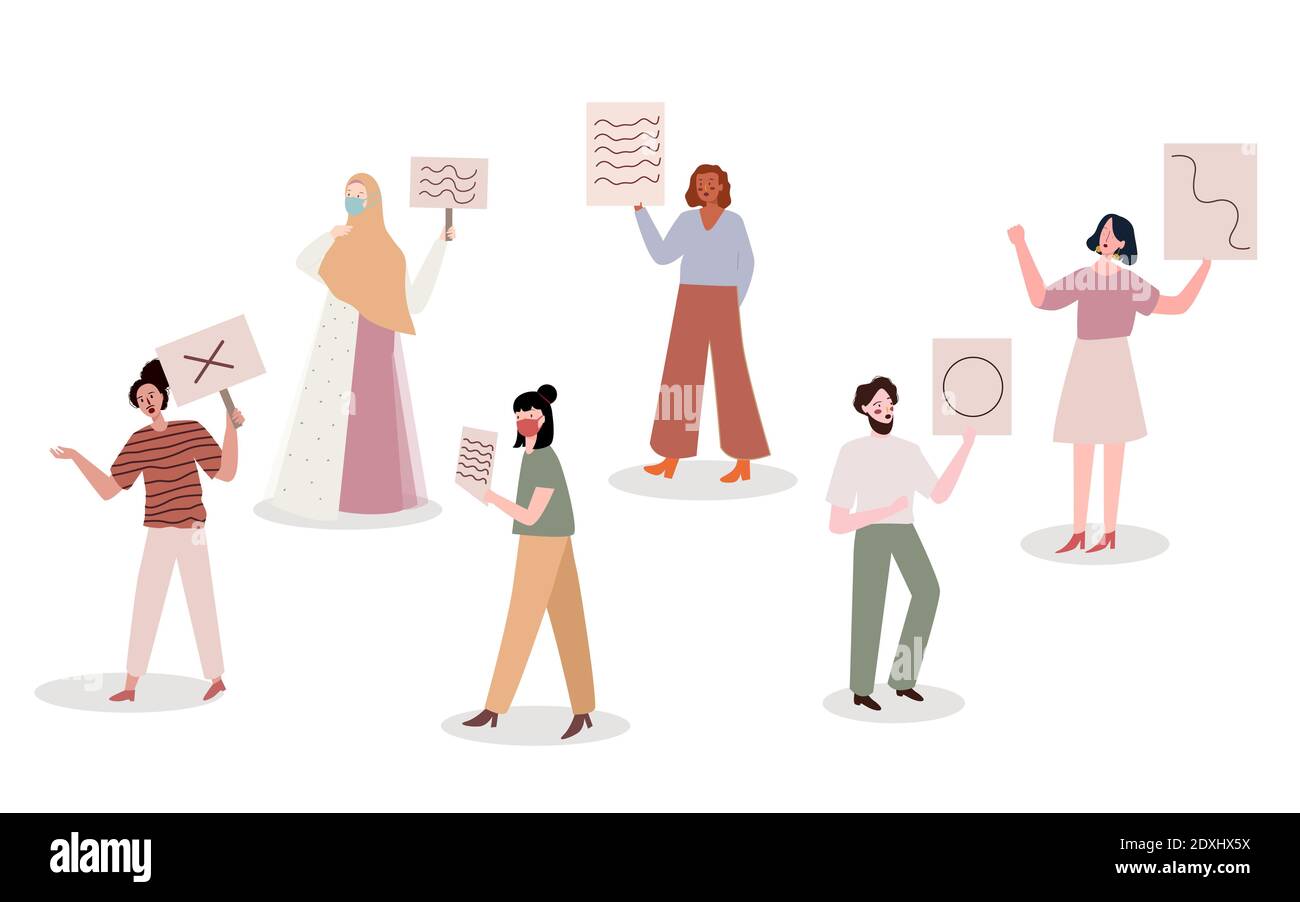 people protest set collection hold poster demonstration with flat ...