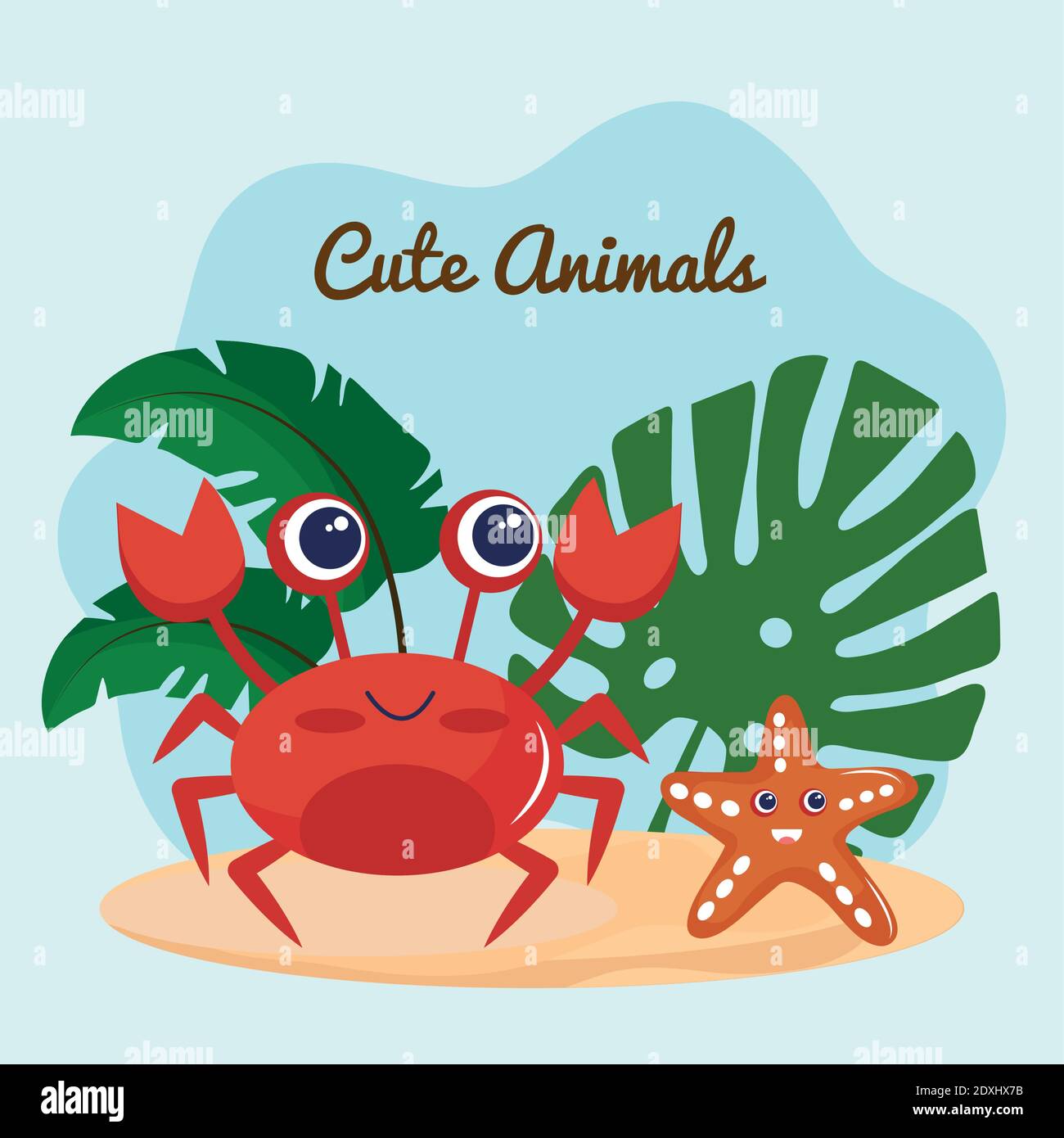 cute little crab and starfish animals kawaii characters Stock Vector ...